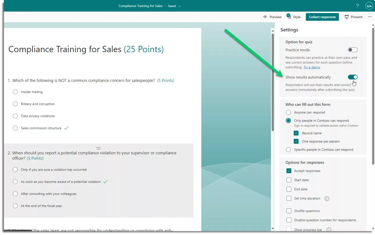 Add a quiz on SharePoint using Microsoft Forms